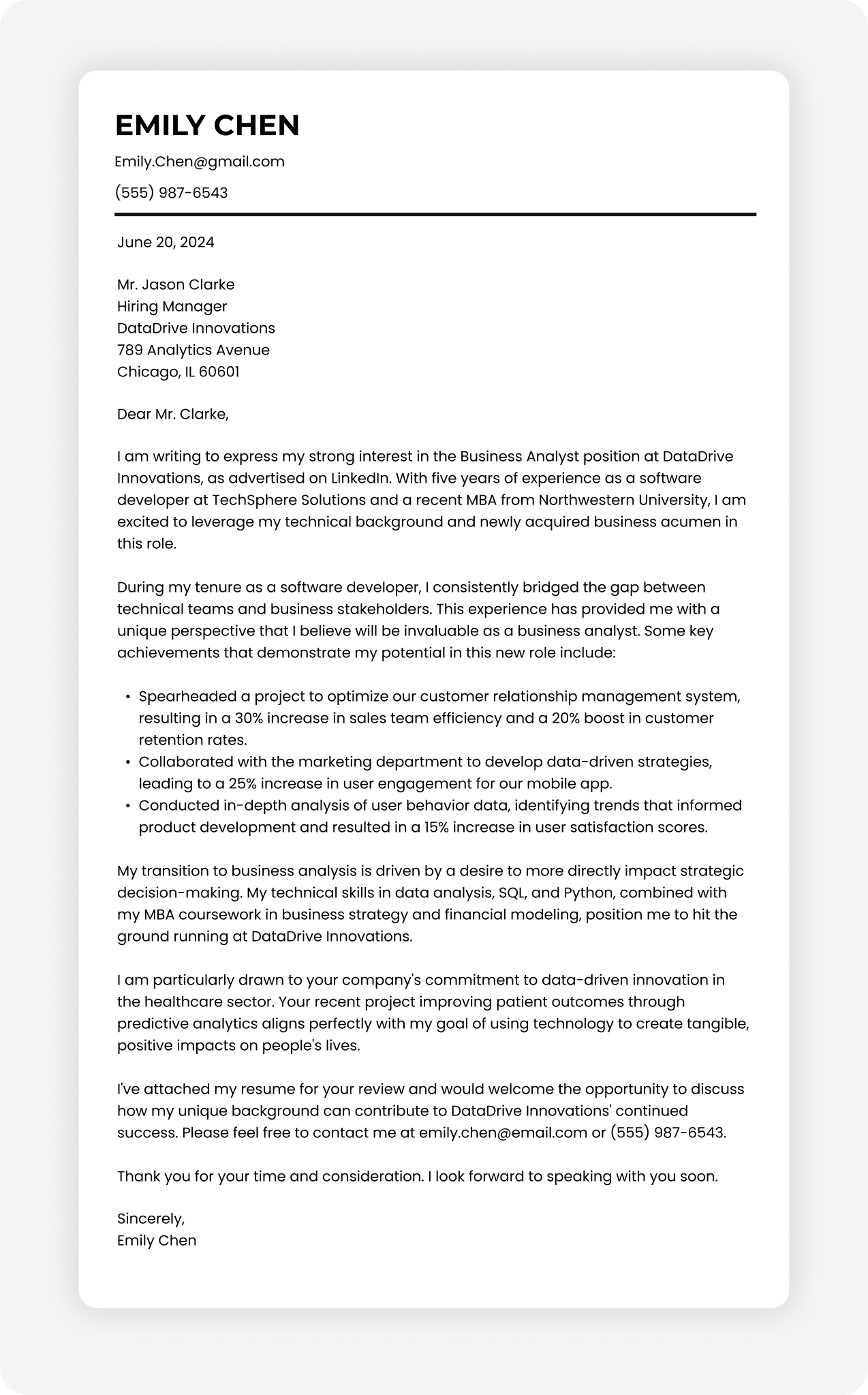 Example of Business Analyst cover letter