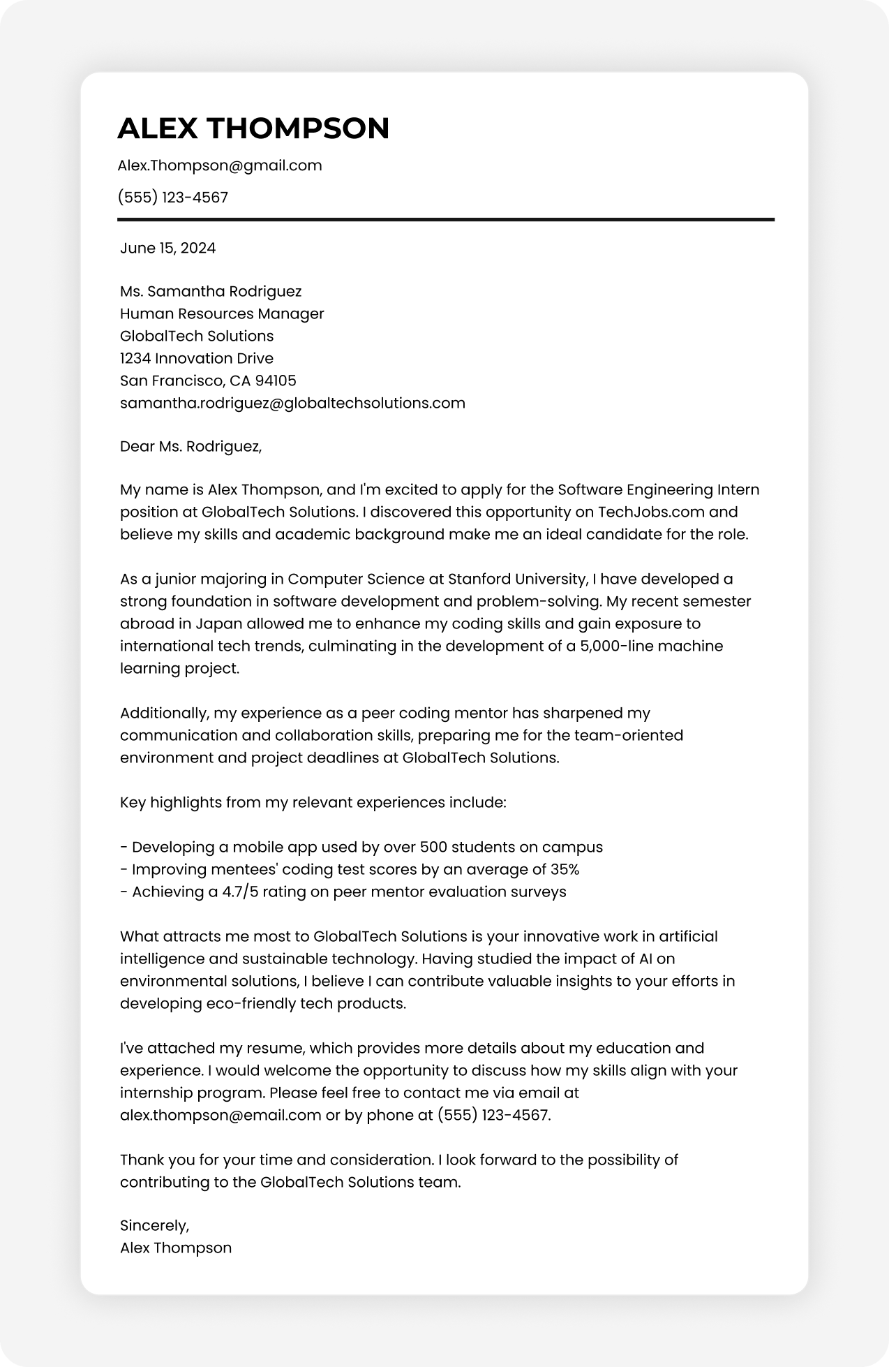 Example of College student cover letter